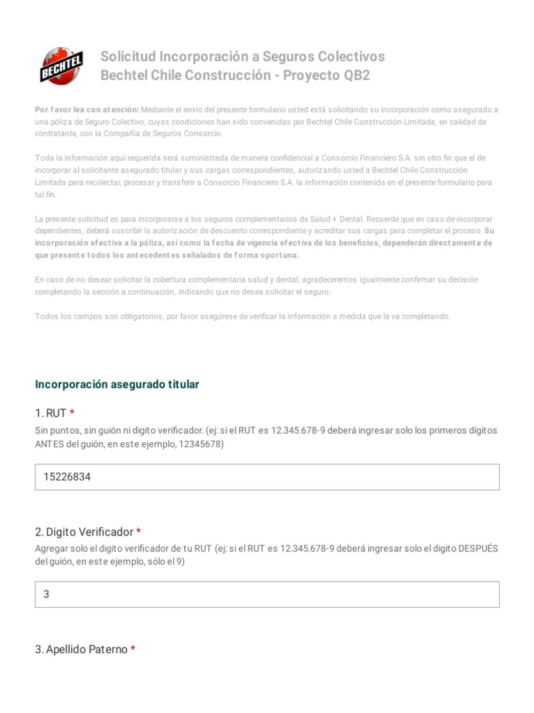 Solicitud Incorporación A Seguros Colectivos Bechtel Chile Construcción ...