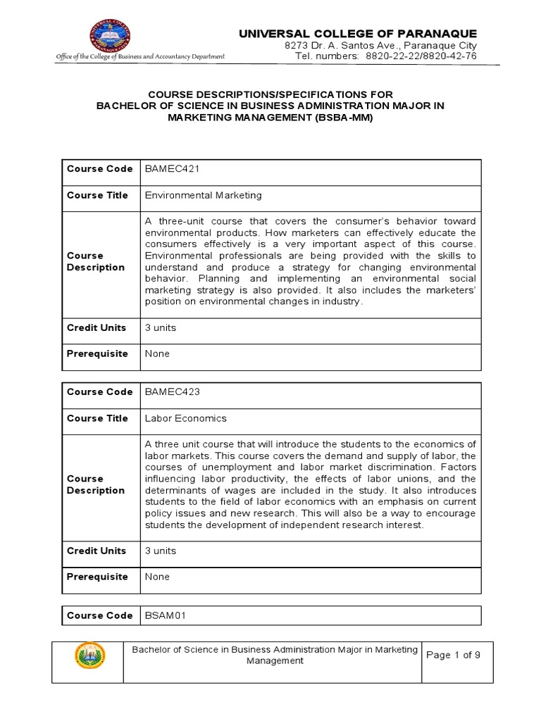 BSBA-MM Course Description | PDF | Economics | Marketing