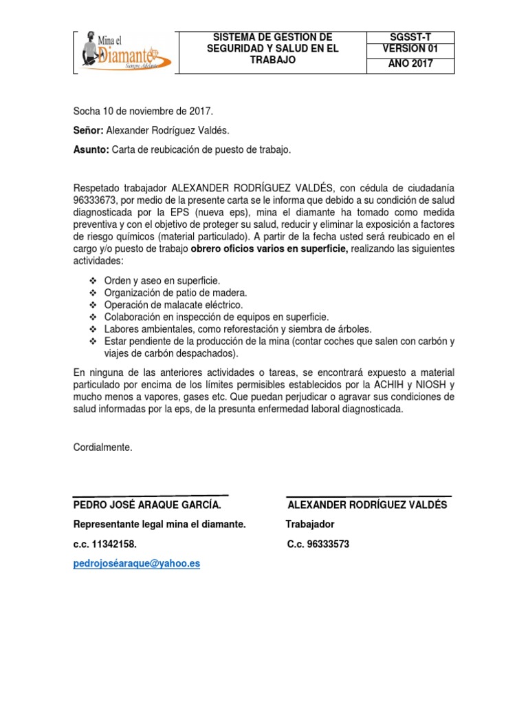 Carta de Reubicación Laboral | PDF