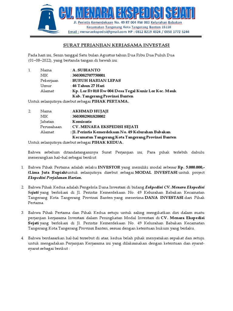 Surat Perjanjian Kerjasama Investasi | PDF