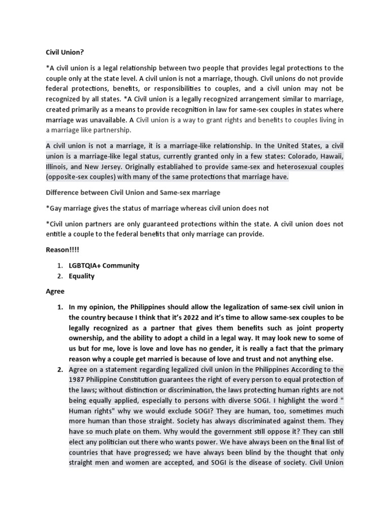 Civil Union Is A Way To Grant Rights and Benefits To Couples Living in ...