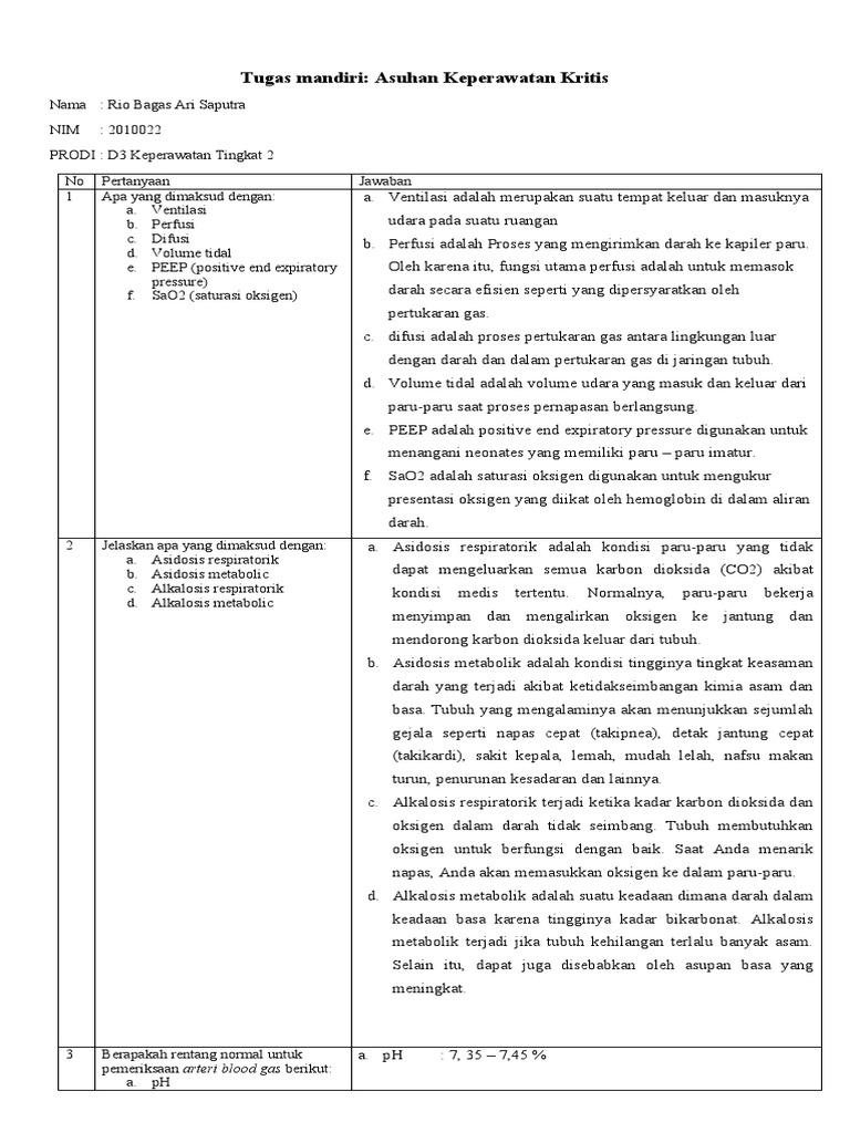 Tugas Mandiri, Keperawatan Kritis d3 Pernafasan - Riobagas | PDF