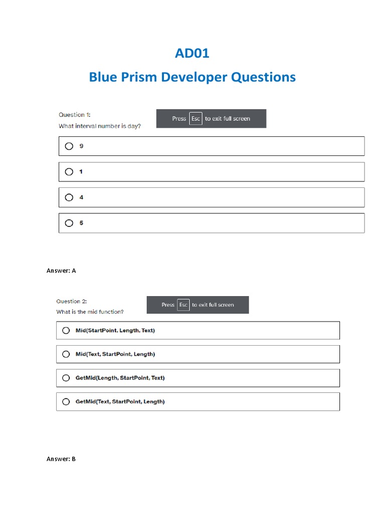 AD01 Blue Prism Developer Questions: Answer: A | PDF | Career & Growth ...