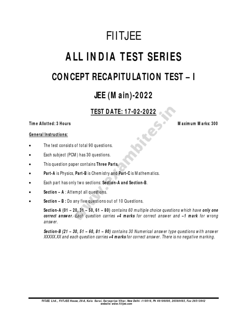 All India Test Series: Fiitjee | PDF | Chemistry | Physical Sciences
