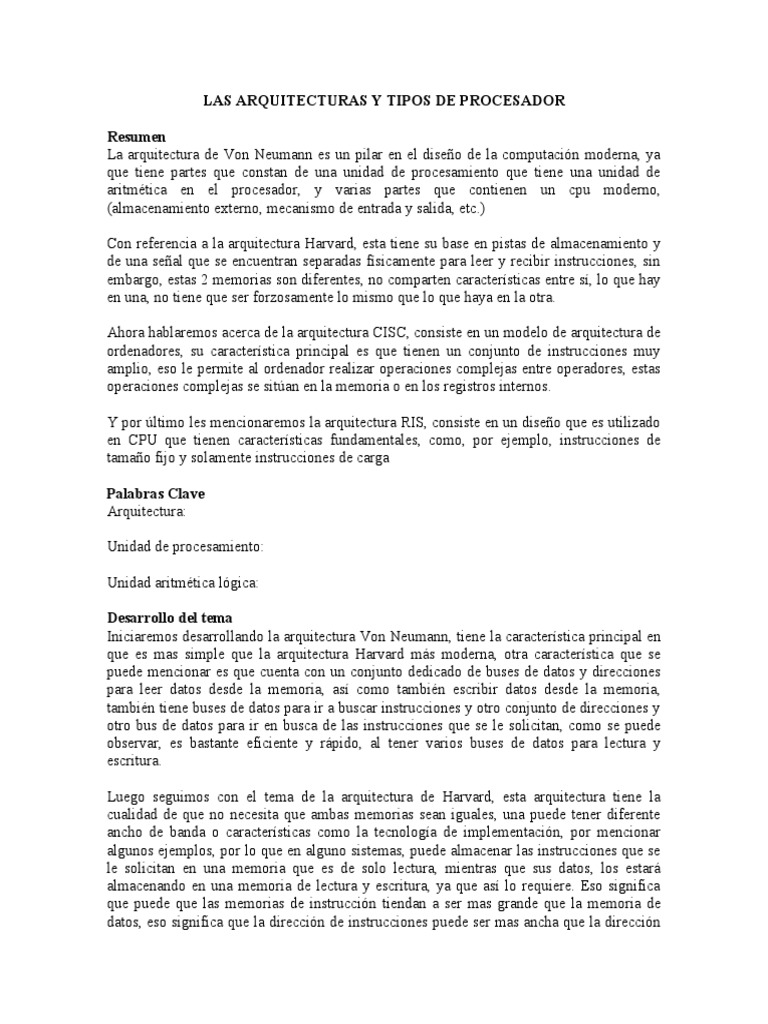 Arquitecturas de Procesadores: Von Neumann, Harvard, CISC y RISC | PDF ...