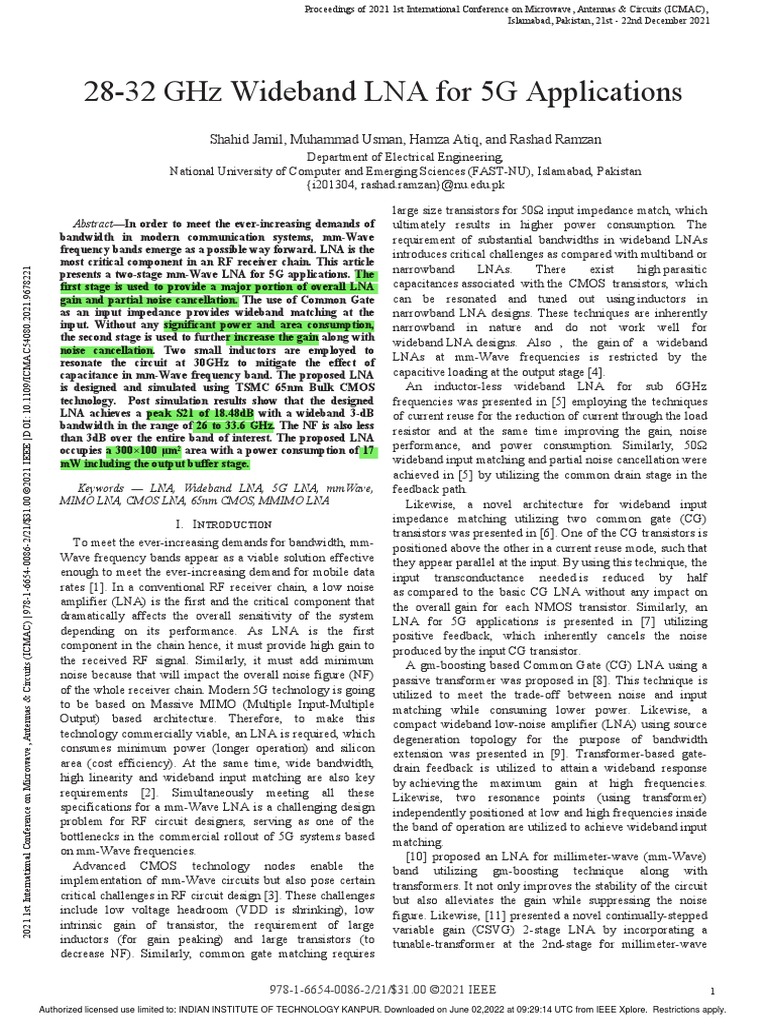 28-32 GHZ Wideband LNA For 5G Applications-Compressed | PDF ...