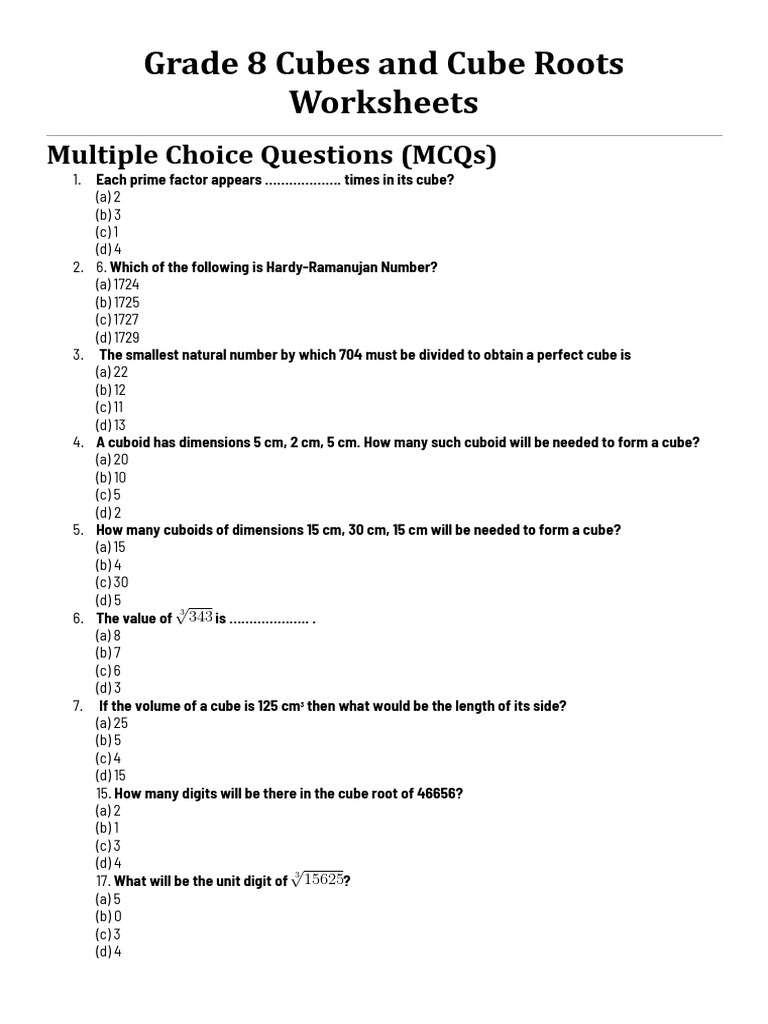 Class 8 Cube and Cube Roots MCQs | PDF | Numbers | Discrete Mathematics