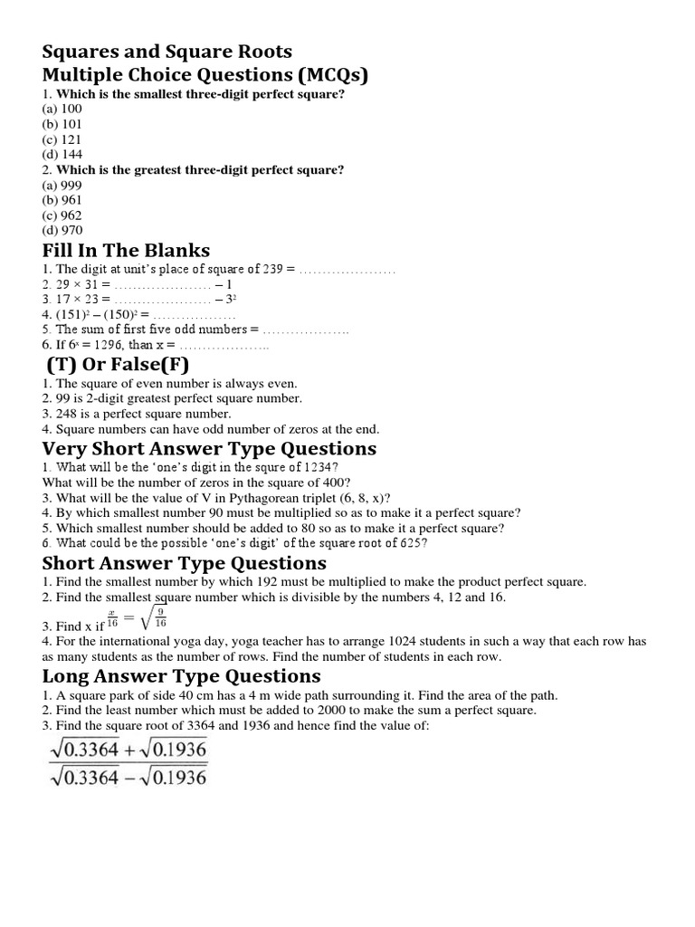 Squares and Square Roots Multiple Choice Questions (MCQS) | PDF