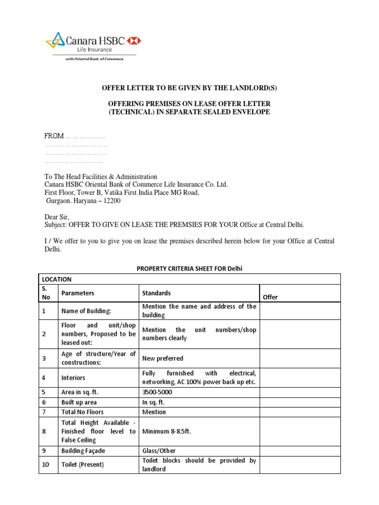 Offer Letter To Be Given by The Landlord (S) Offering Premises On Lease ...