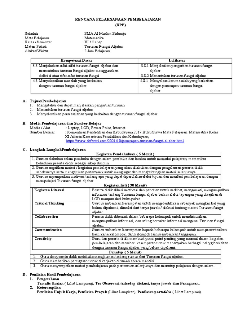 RPP MTK Kelas 11 Sma Turunan Fungsi | PDF