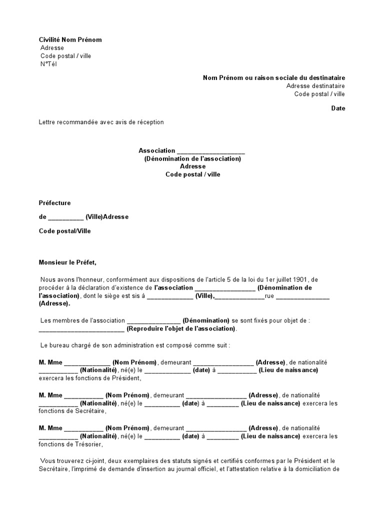 Lettre de Déclaration D - Existence de L - Association en Préfecture | PDF
