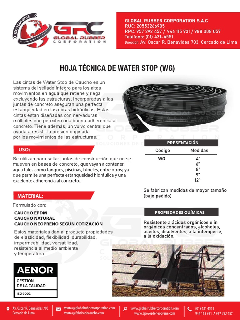 Hoja Técnica de Water Stop Caucho | PDF | Hormigón | Caucho natural