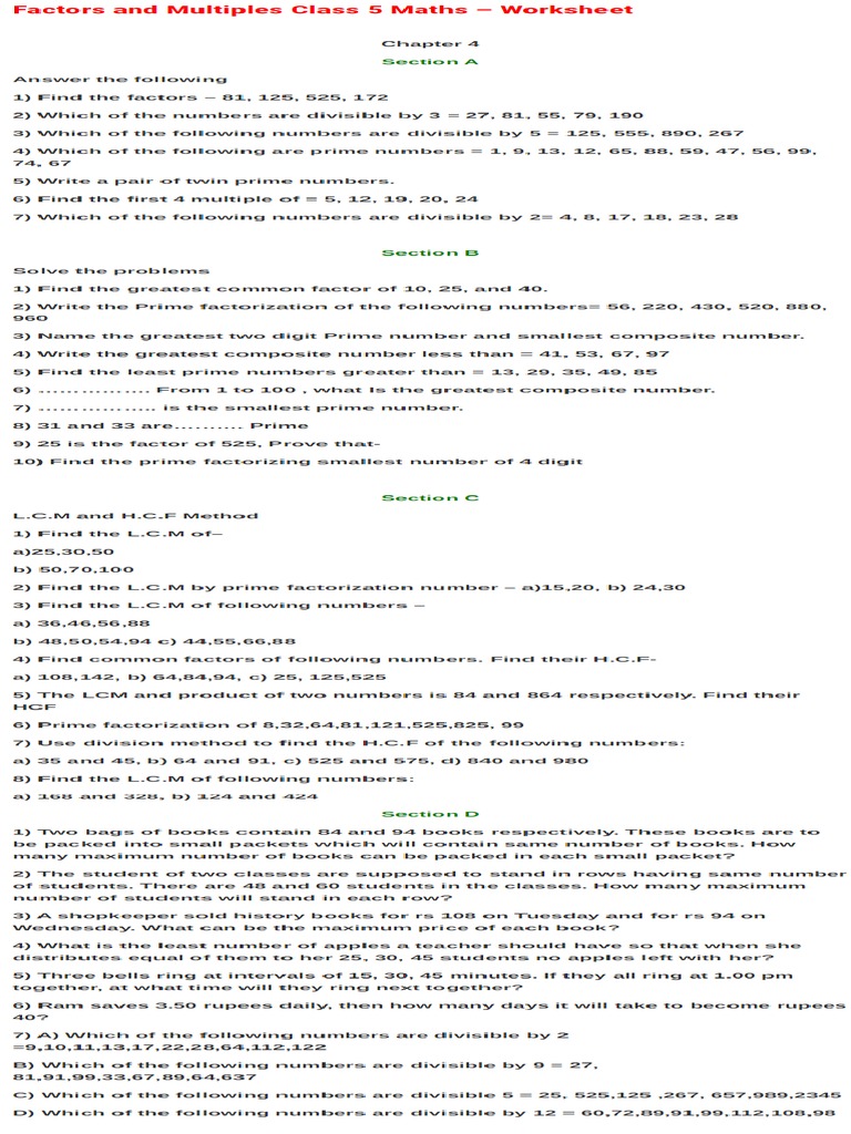Factors and Multiples Class 5 Maths - Worksheet | PDF