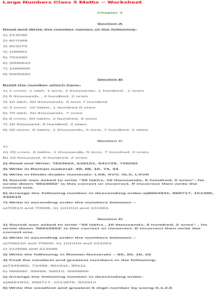 Large Numbers Class 5 Maths - Worksheet | PDF