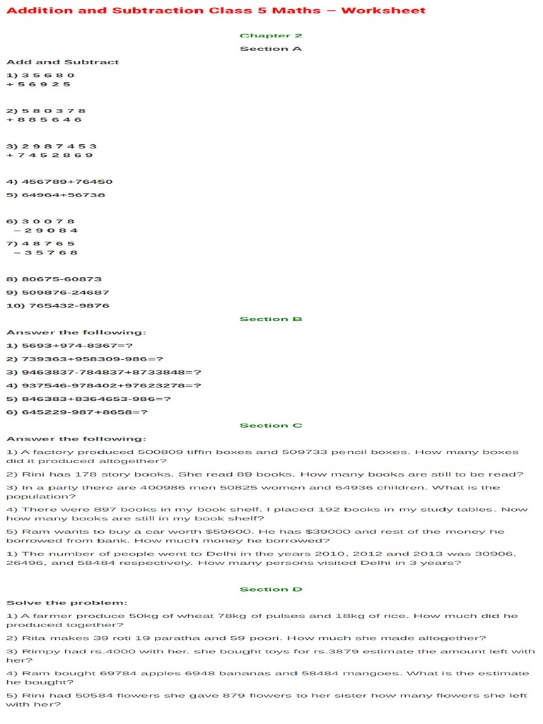 Addition and Subtraction Class 5 Maths - Worksheet | PDF