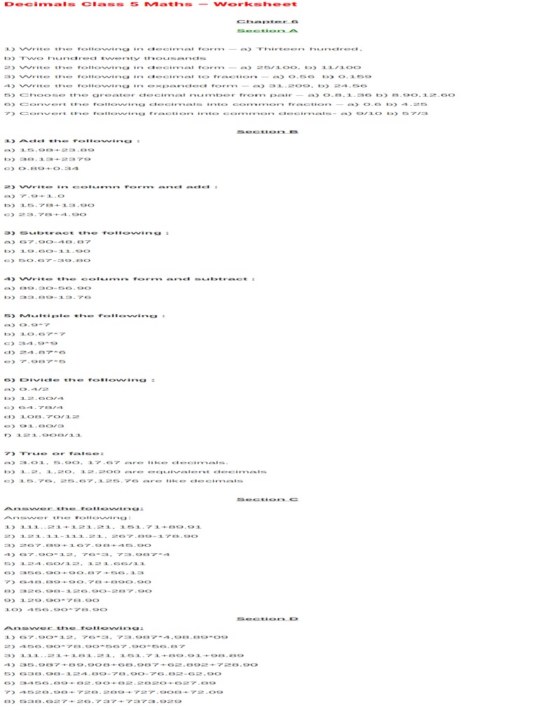 Decimals Class 5 Maths – Worksheet | PDF
