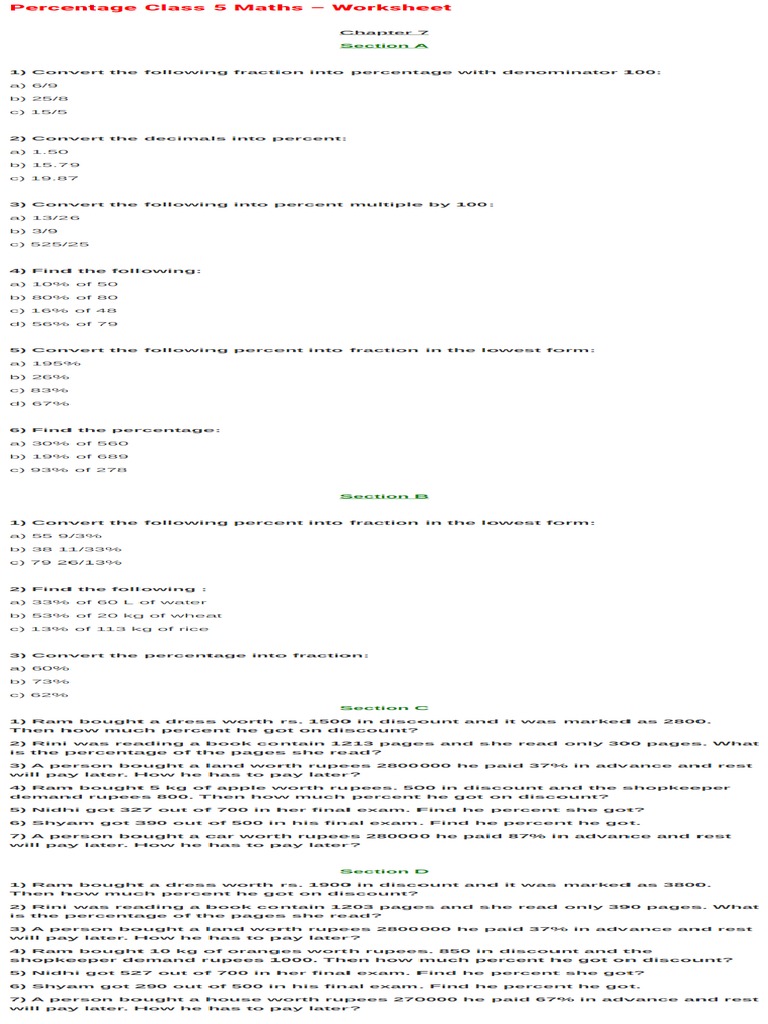 Percentage Class 5 Maths - Worksheet | PDF