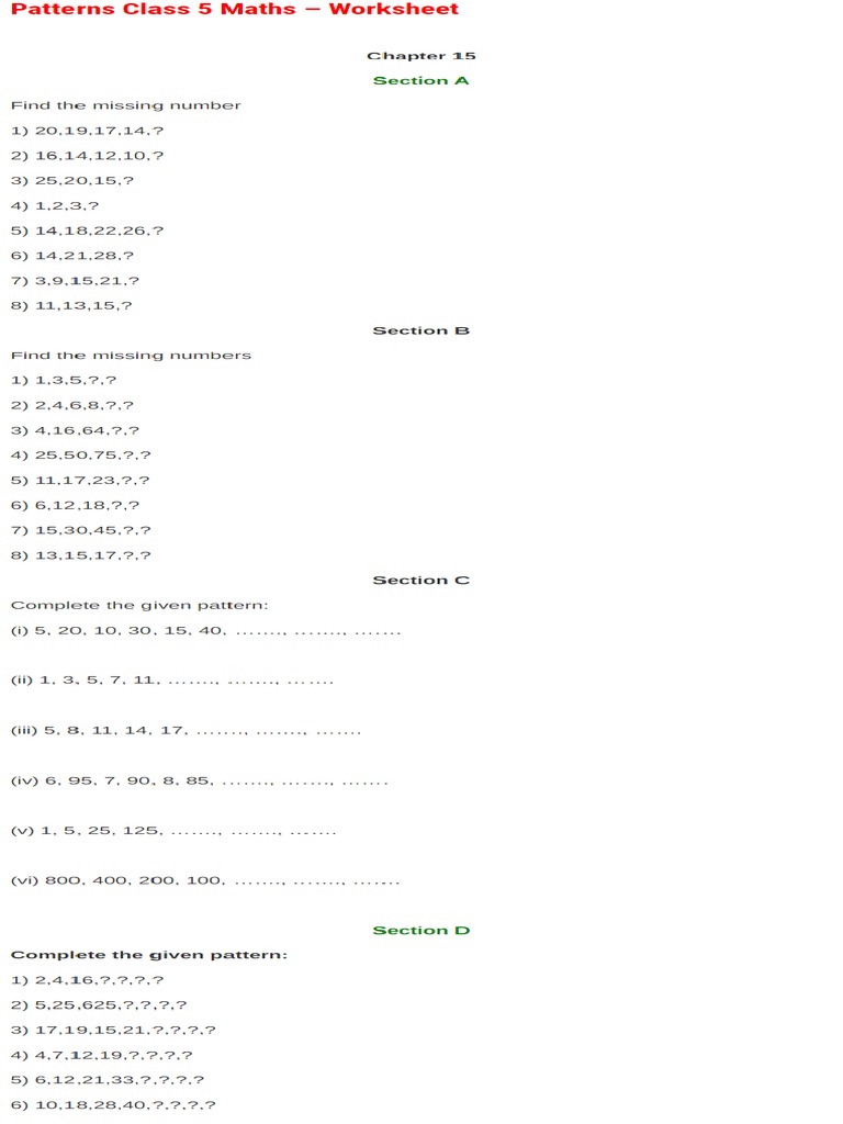 Patterns Class 5 Maths - Worksheet | PDF