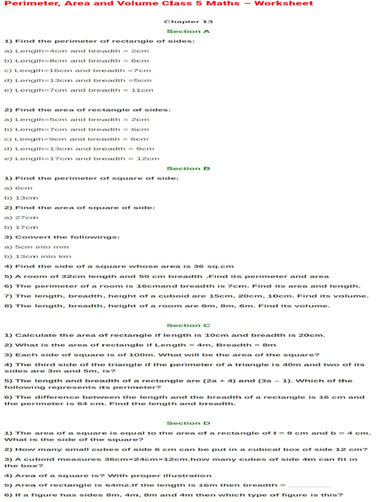 Perimeter Area and Volume Class 5 Maths - Worksheet | PDF