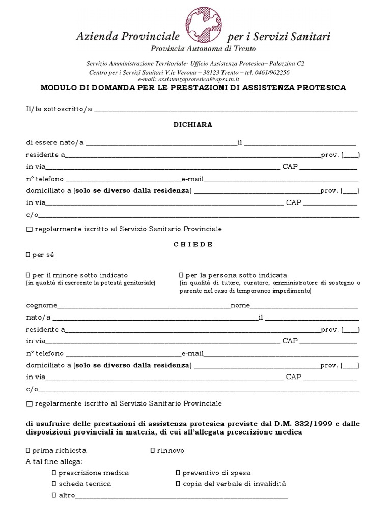 Modulo Di Domanda Per Le Prestazioni Di Assistenza Protesica EDITABILE ... Modulo Di Domanda Per Le Prestazioni Di Assistenza Protesica EDITABILE ...
