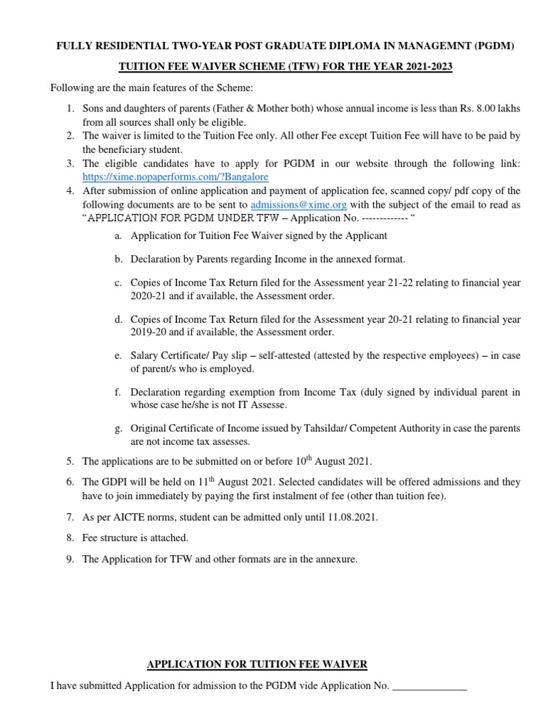 TFW Application Forms NEW - 20210809102815 | PDF | Tuition Payments | Fee