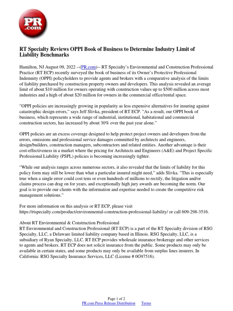 RT Specialty Reviews OPPI Book of Business To Determine Industry Limit ...