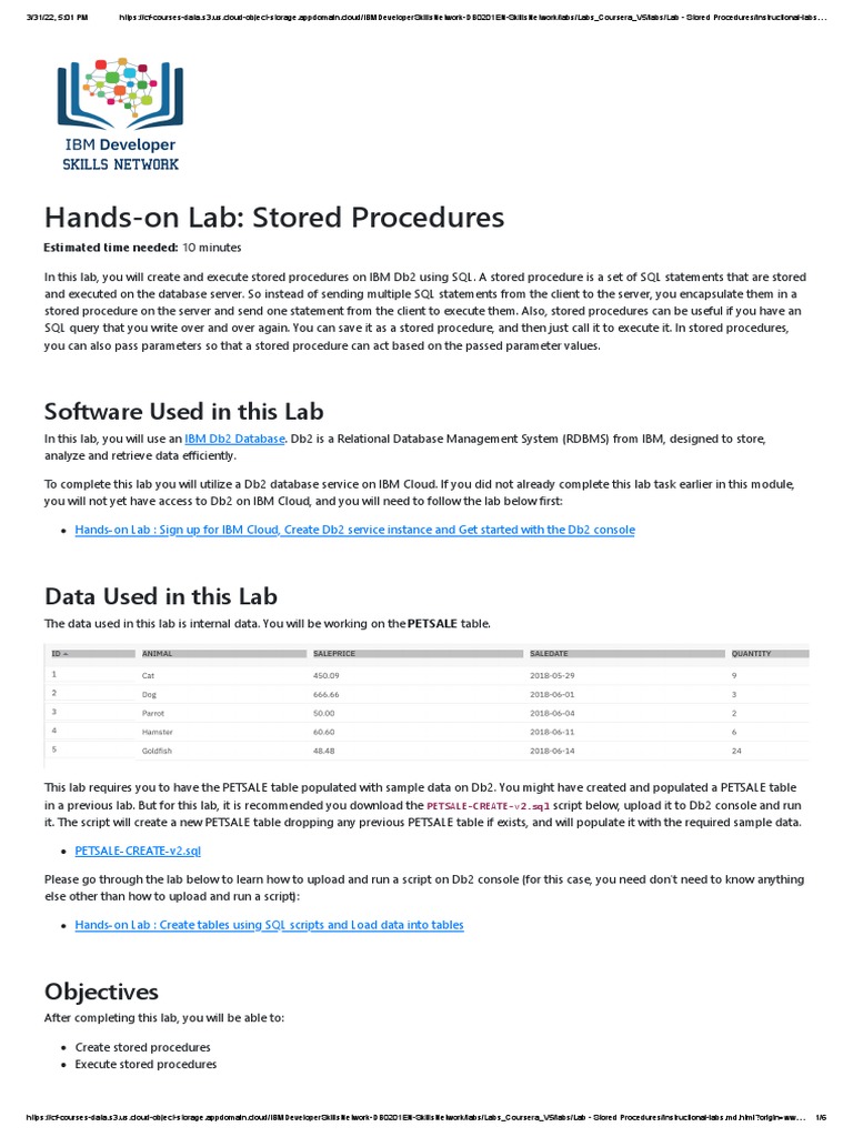 Hands-On Lab: Stored Procedures: Software Used in This Lab | PDF | Ibm Db2 | Relational Database