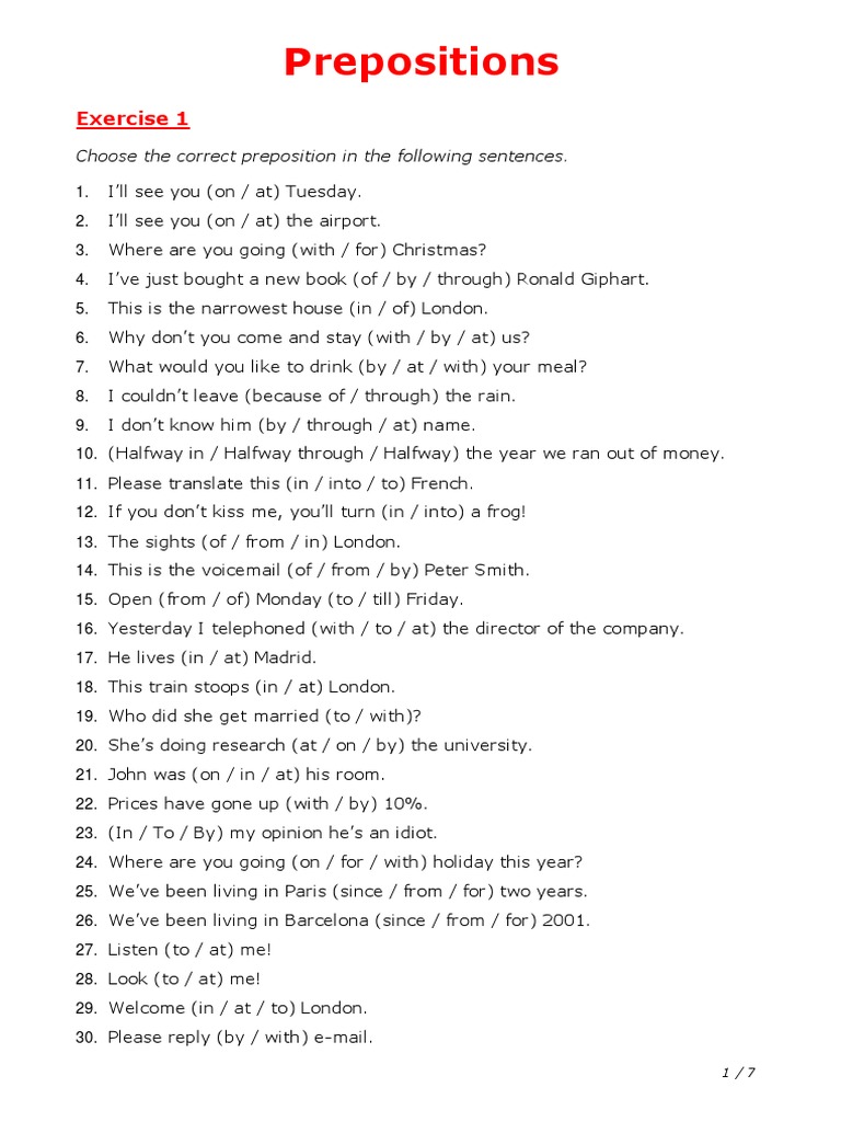Prepositions: Exercise 1 | PDF