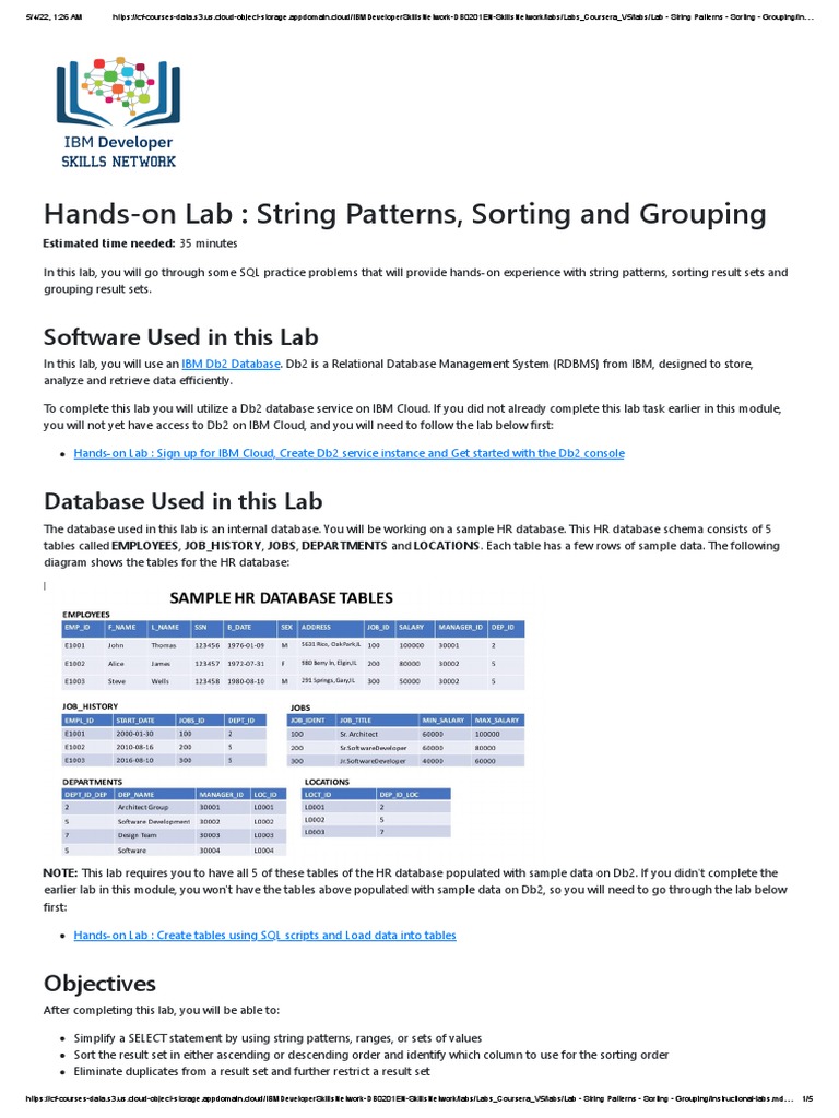 Hands-On Lab: String Patterns, Sorting and Grouping: Software Used in This Lab | PDF | Ibm Db2 ...