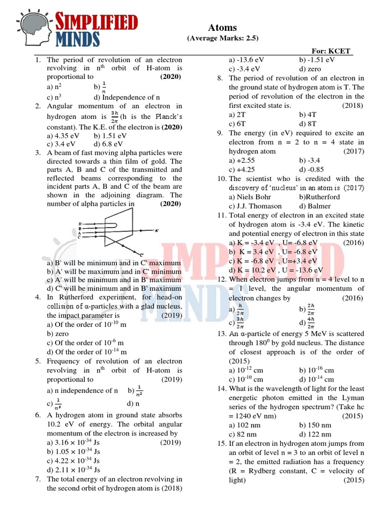 12.atoms KCET PYQs | PDF | Electron | Electronvolt