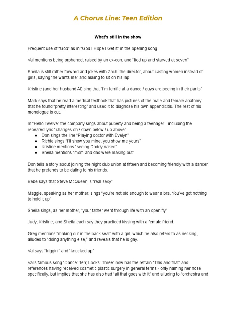 A Chorus Line: Teen Edition Overview | PDF