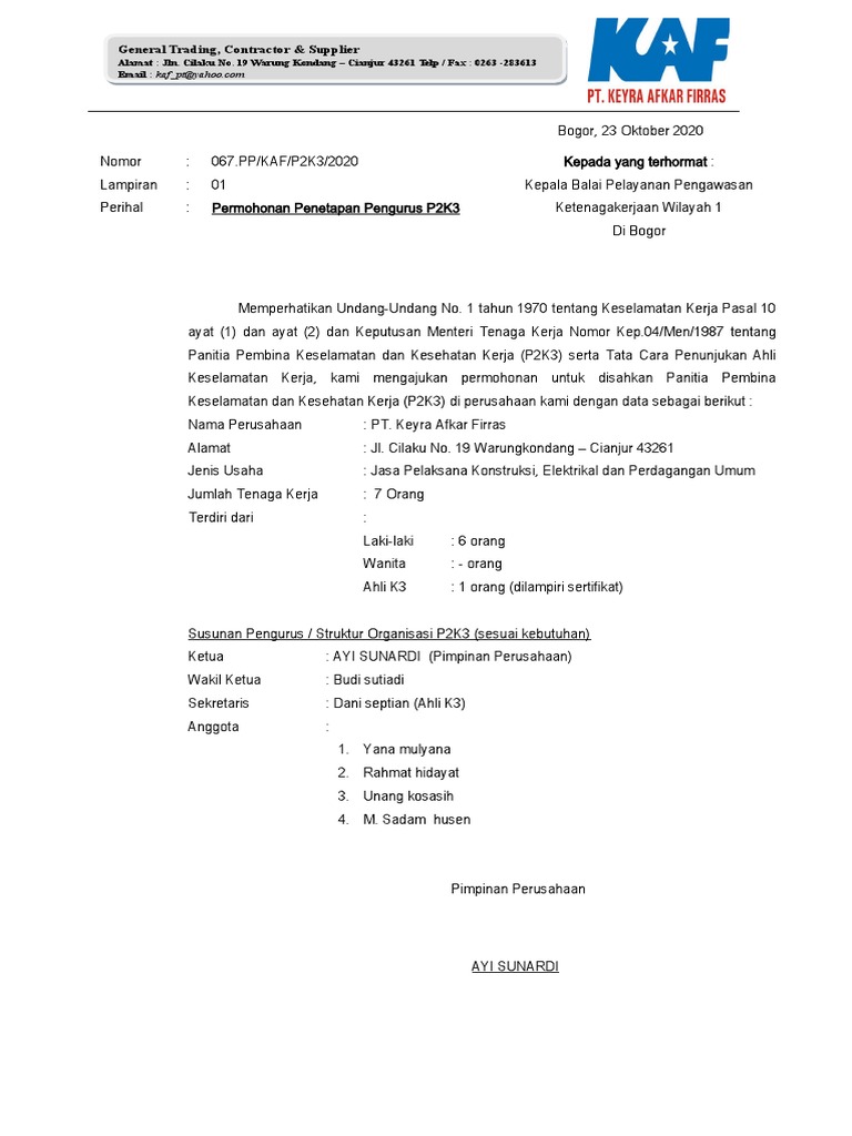 Permohonan P2K3 PT KAF | PDF