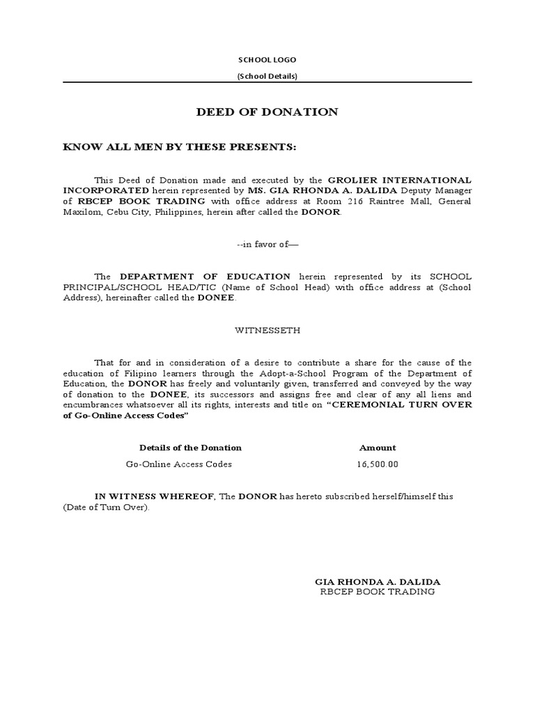 Deed of Donation and Acceptance Template | PDF | Deed | Private Law