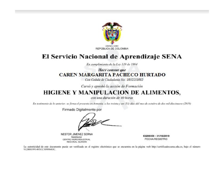 Certificado Manipulacion de Alimentos - Karen Pacheco | PDF Certificado Manipulacion de Alimentos - Karen Pacheco | PDF