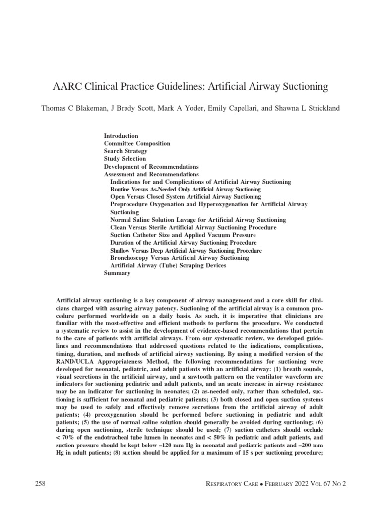 AARC Clinical Practice Guidelines - Artificial Airway Suctioning | PDF ... AARC Clinical Practice Guidelines - Artificial Airway Suctioning | PDF ...