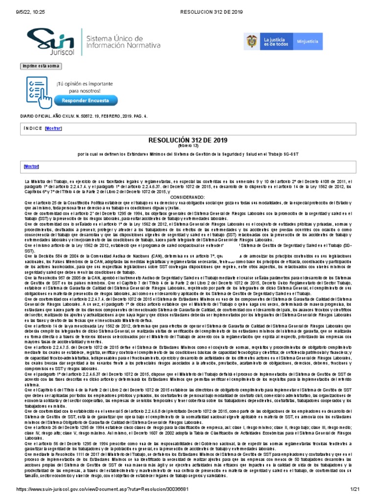 Resolucion 312 de 2019 | PDF | Derecho laboral | Seguridad y salud ocupacional