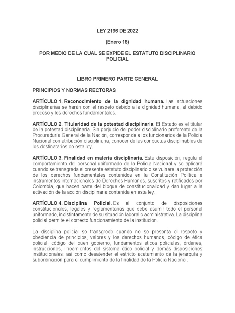 Ley 2196 de 2022. Estatuto Discipliario Policial | PDF | Disciplinas ...