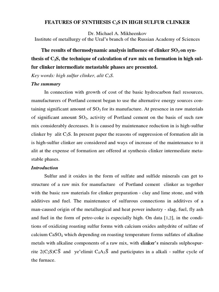 C3S Synthesis in High Sulfur Clinker | PDF | Cement | Calcium