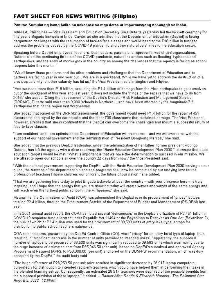 Fact Sheets For News Writing English Filipino | Download Free PDF ...