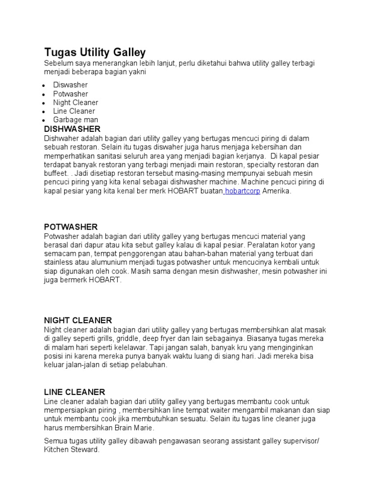 Tugas Utility Galley | PDF | Memasak, Makanan, & Anggur | Kesehatan ...