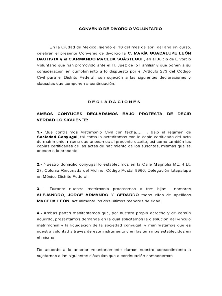 Convenio De Divorcio Voluntario Pdf Divorcio Matrimonio