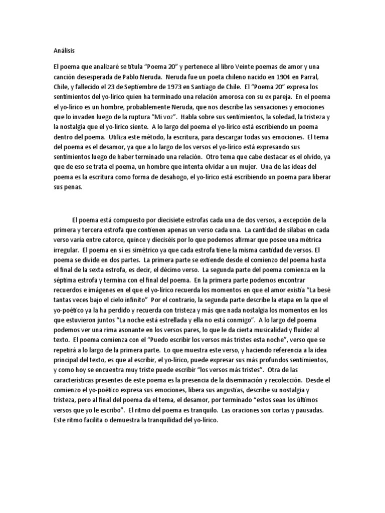 Análisis del Poema 20 de Neruda | PDF | Poesía | Amor