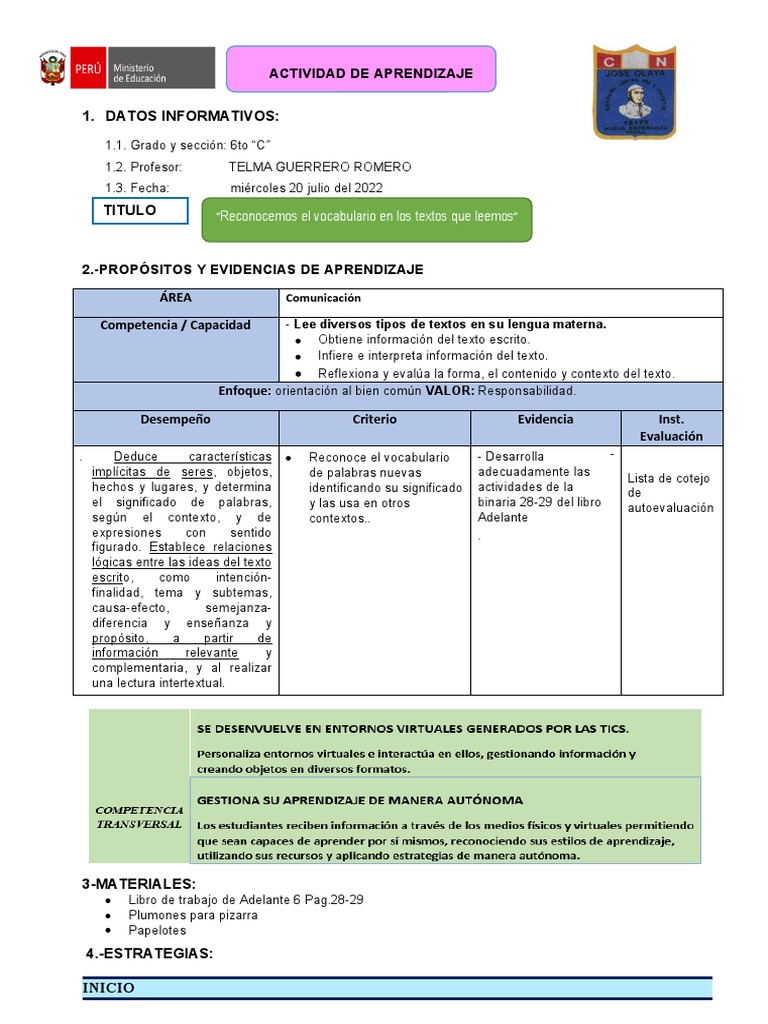 Reconociendo el vocabulario a través de sinónimos y antónimos | PDF ...
