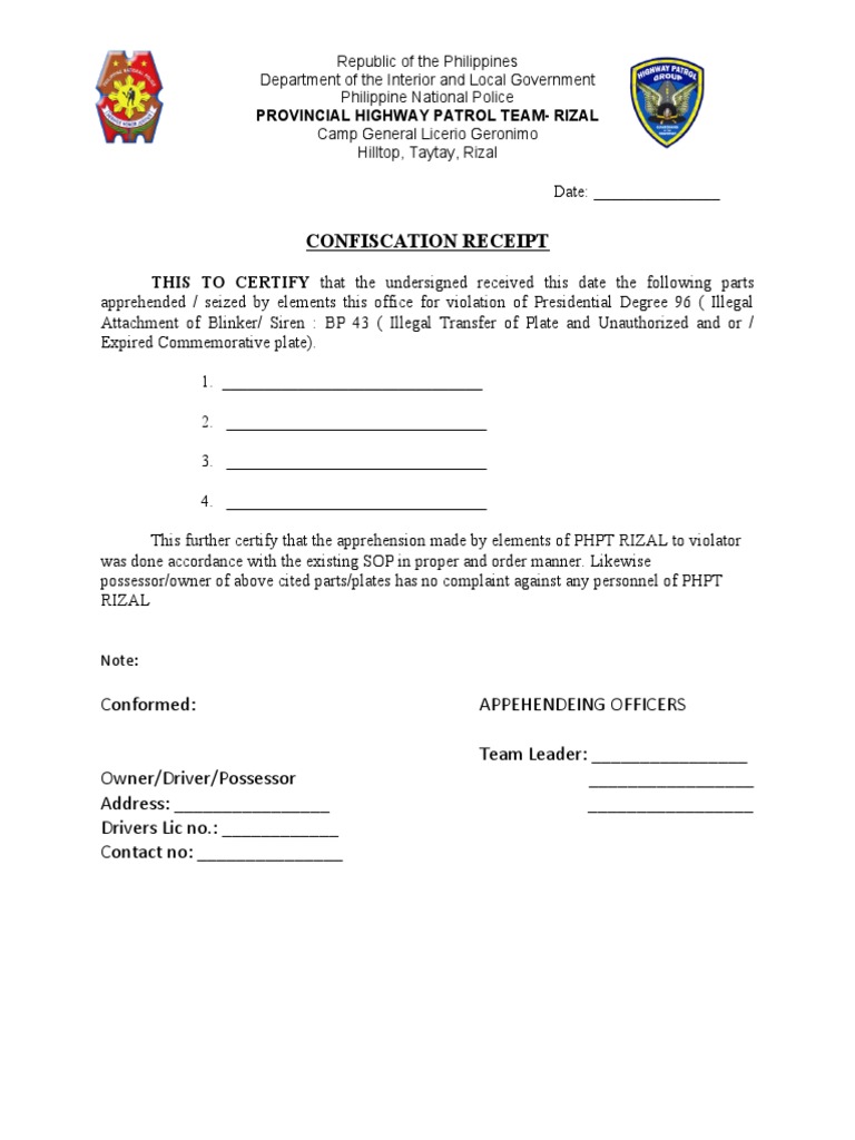 Confiscation Receipt: THIS TO CERTIFY That The Undersigned Received ...