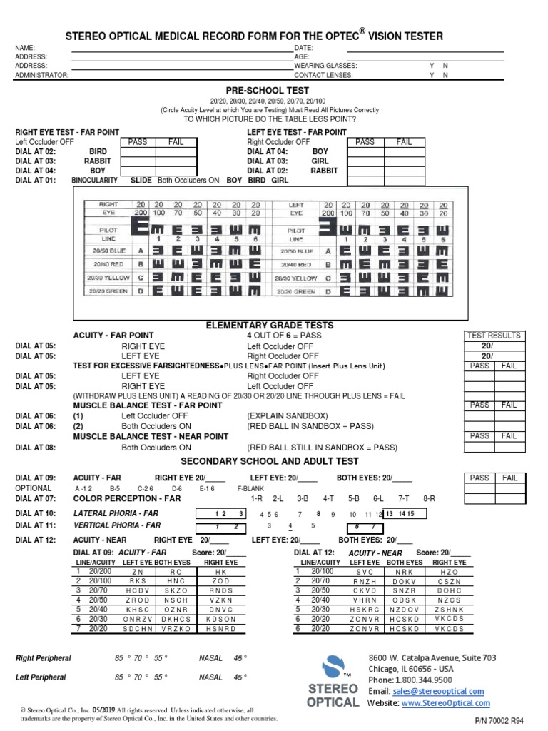 Stereo Optical Medical Record Form For The Optec Vision Tester ...