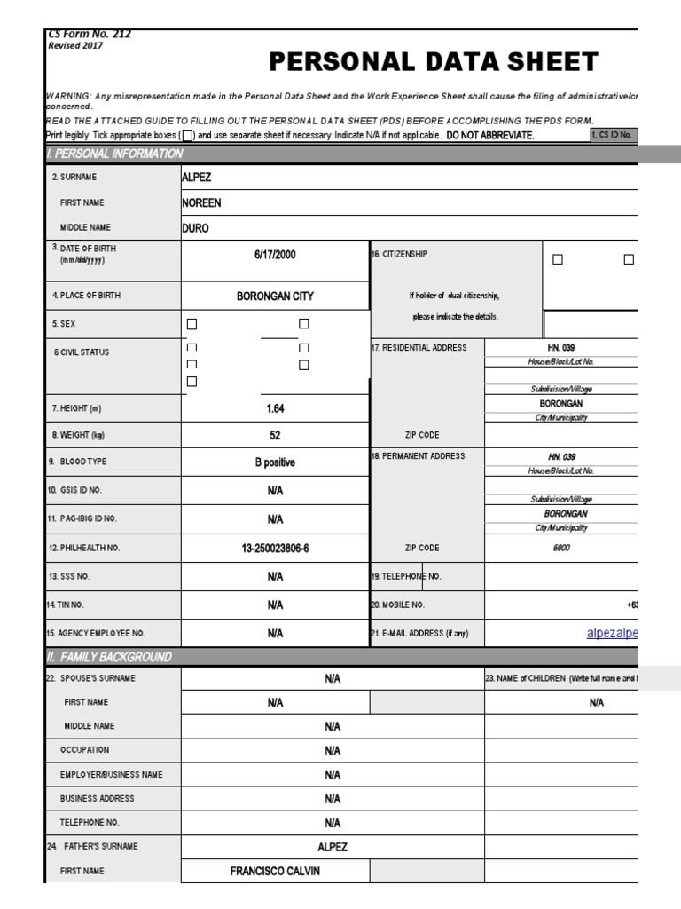 Cs Form No. 212 Revised Personal Data Sheet - New | PDF | Social ...