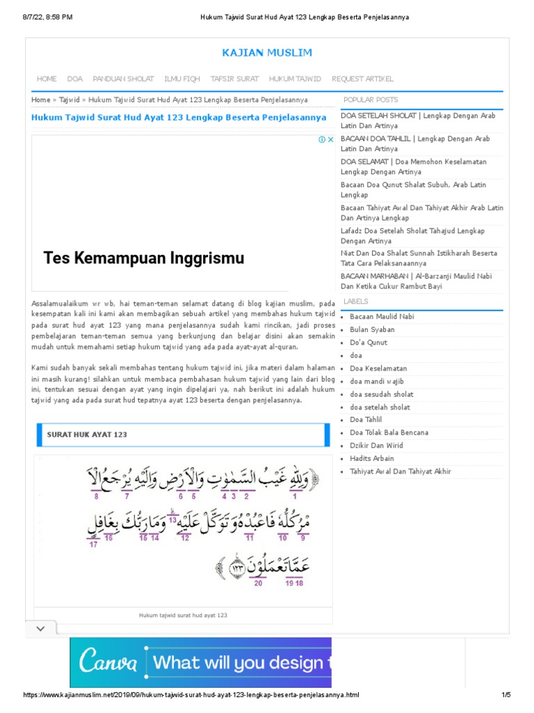 Hukum Tajwid Surat Hud Ayat 123 Lengkap Beserta Penjelasannya | PDF