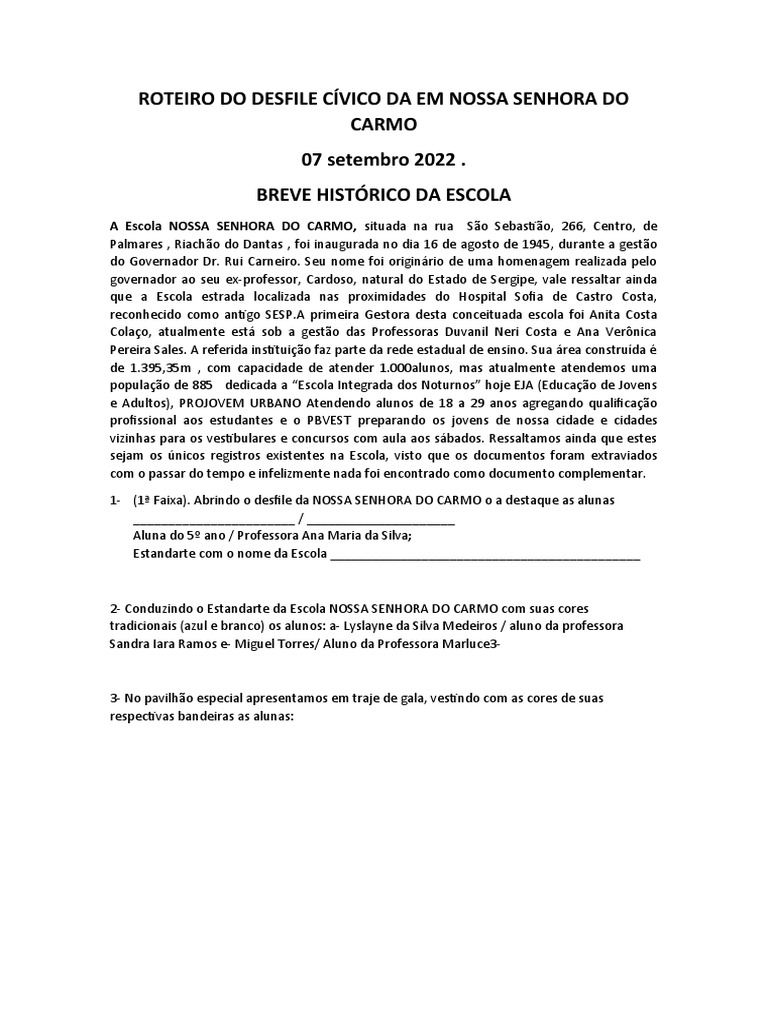 Roteiro Do Desfile Cívico Da em Nossa Senhora Do Carmo | PDF