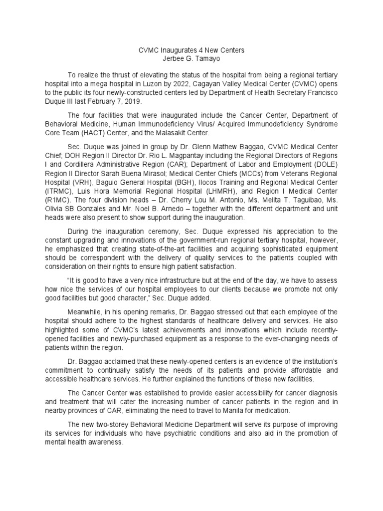 CVMC Inaugurates 4 New Centers | PDF | Health Care | Hospital