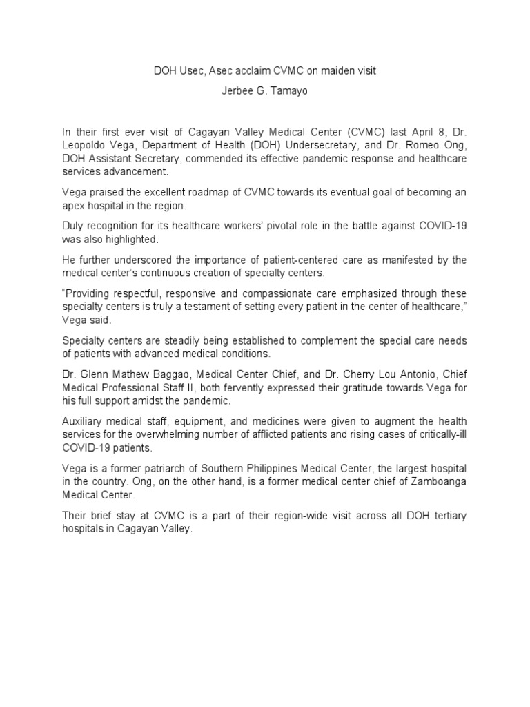 Doh Usec, Asec Acclaim CVMC On Maiden Visit | PDF